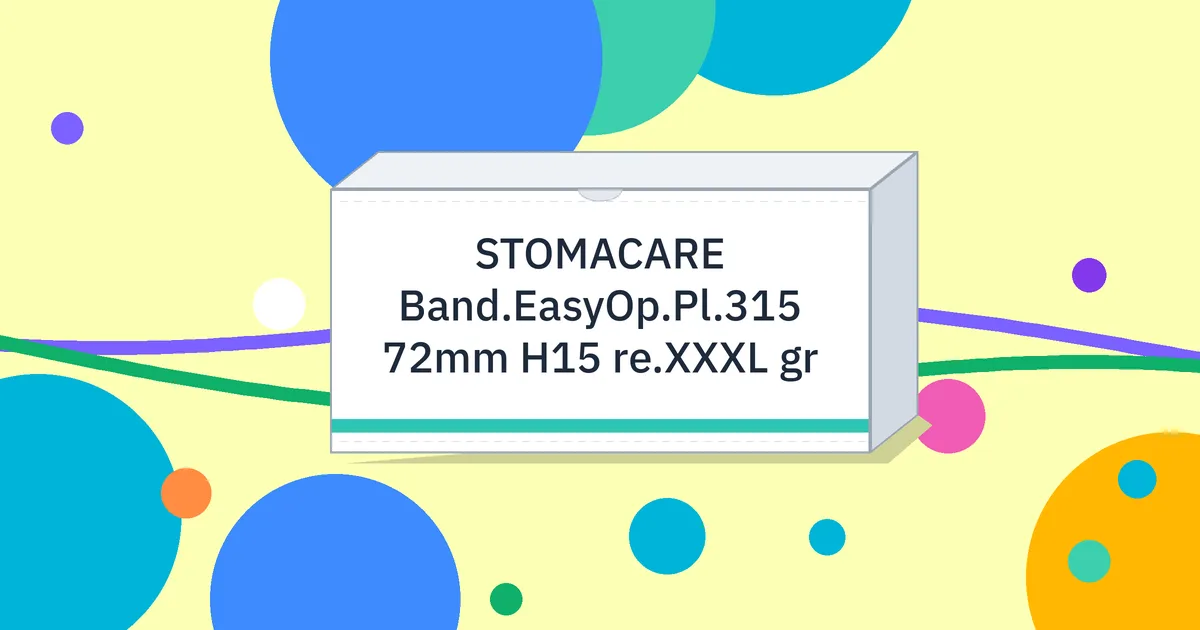 Symbolbild: Packung mit der Aufschrift STOMACARE Band.EasyOp.Pl.315 72mm H15 re.XXXL gr (PZN 17905716) – Verfügbarkeit und Bezug in Apotheken in Frankfurt am Main