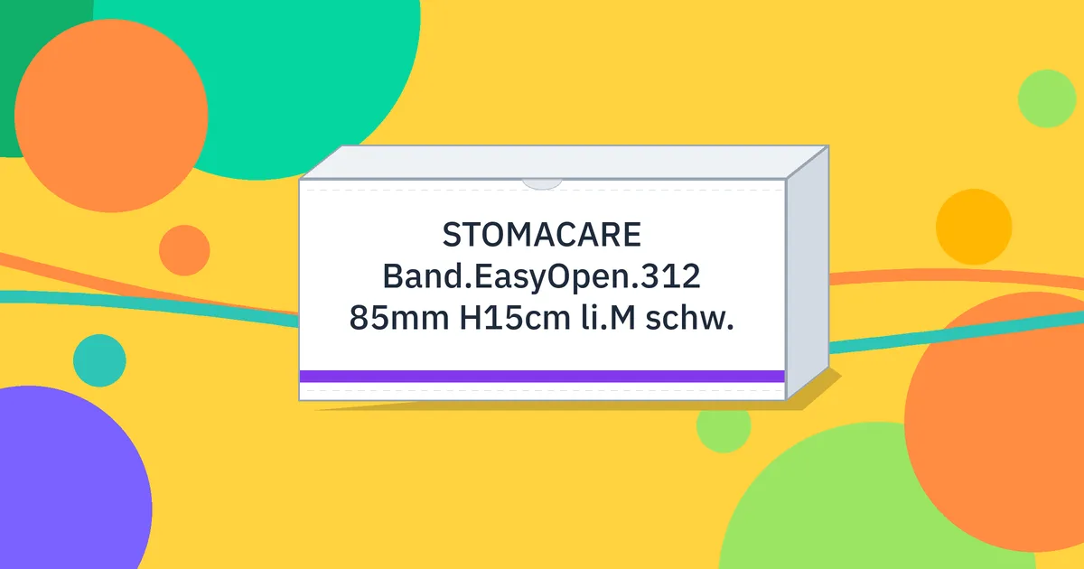 Symbolbild: Packung mit der Aufschrift STOMACARE Band.EasyOpen.312 85mm H15cm li.M schw. (PZN 09438005) – Verfügbarkeit und Bezug in Apotheken in Frankfurt am Main