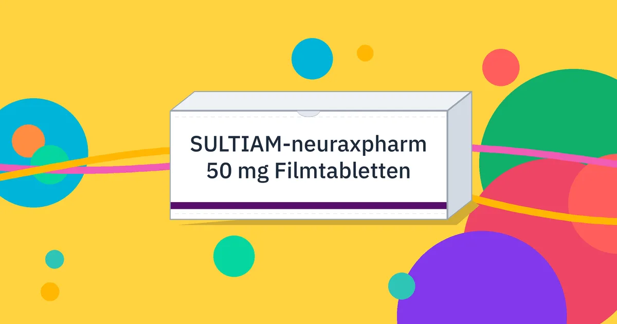 Symbolbild: Packung mit der Aufschrift SULTIAM-neuraxpharm 50 mg Filmtabletten (PZN 12547376) – Verfügbarkeit und Bezug in Apotheken in Frankfurt am Main