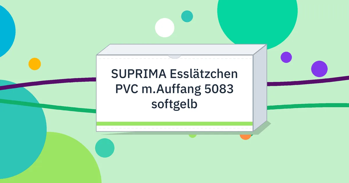 Symbolbild: Packung mit der Aufschrift SUPRIMA Esslätzchen PVC m.Auffang 5083 softgelb (PZN 02219412) – Verfügbarkeit und Bezug in Apotheken in Frankfurt am Main