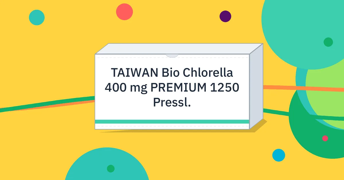 Symbolbild: Packung mit der Aufschrift TAIWAN Bio Chlorella 400 mg PREMIUM 1250 Pressl. (PZN 08458827) – Verfügbarkeit und Bezug in Apotheken in Frankfurt am Main