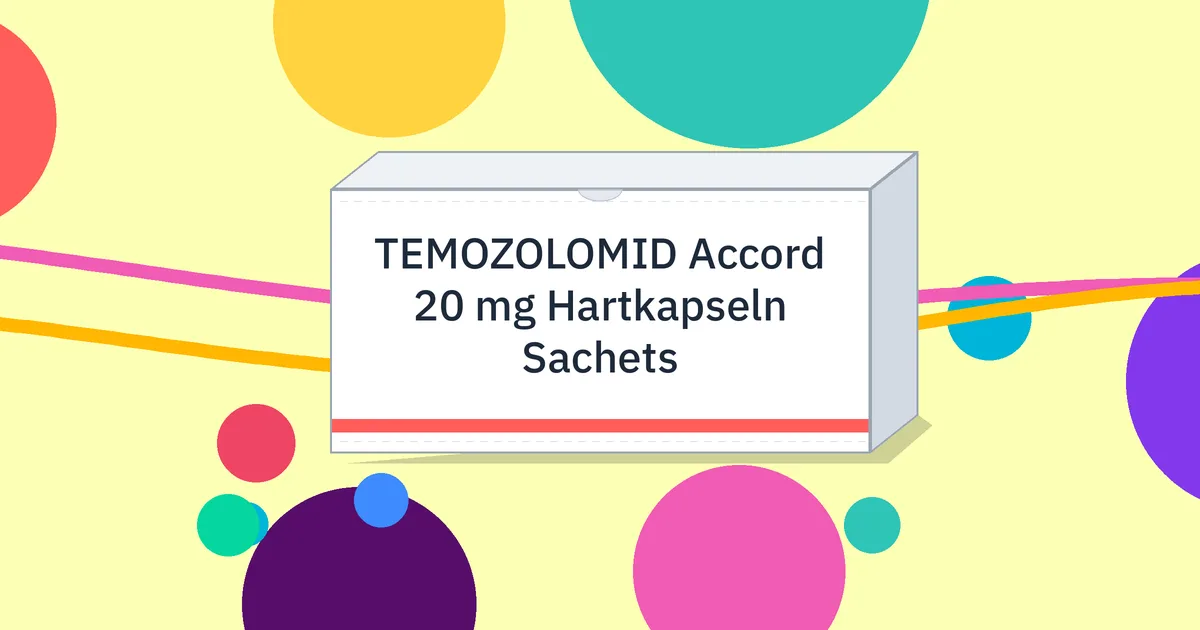Symbolbild: Packung mit der Aufschrift TEMOZOLOMID Accord 20 mg Hartkapseln Sachets (PZN 16619026) – Verfügbarkeit und Bezug in Apotheken in Frankfurt am Main