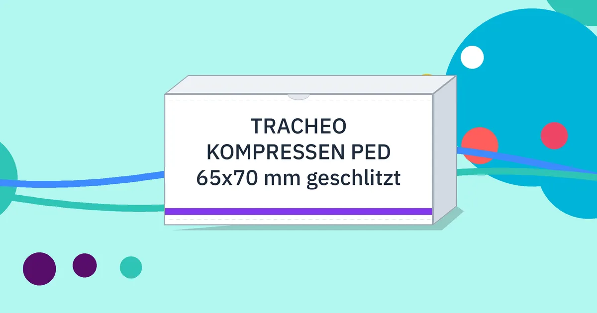 Symbolbild: Packung mit der Aufschrift TRACHEO KOMPRESSEN PED 65x70 mm geschlitzt (PZN 08846788) – Verfügbarkeit und Bezug in Apotheken in Frankfurt am Main