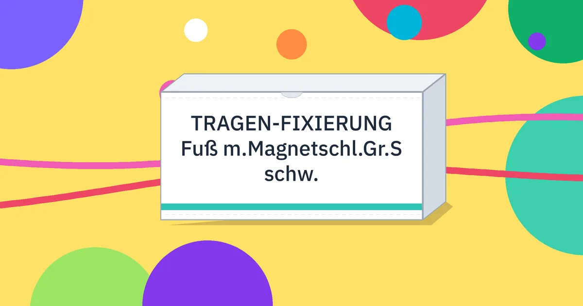 Symbolbild: Packung mit der Aufschrift TRAGEN-FIXIERUNG Fuß m.Magnetschl.Gr.S schw. (PZN 17279880) – Verfügbarkeit und Bezug in Apotheken in Frankfurt am Main