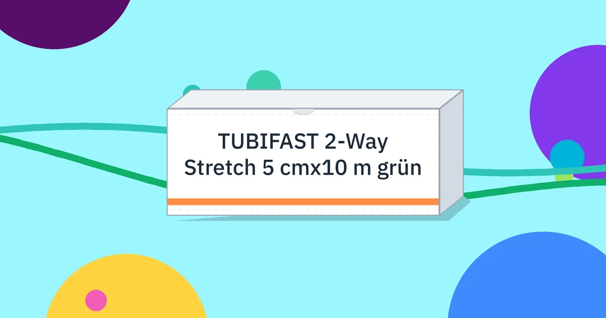 Symbolbild: Packung mit der Aufschrift TUBIFAST 2-Way Stretch 5 cmx10 m grün (PZN 18318435) – Verfügbarkeit und Bezug in Apotheken in Frankfurt am Main