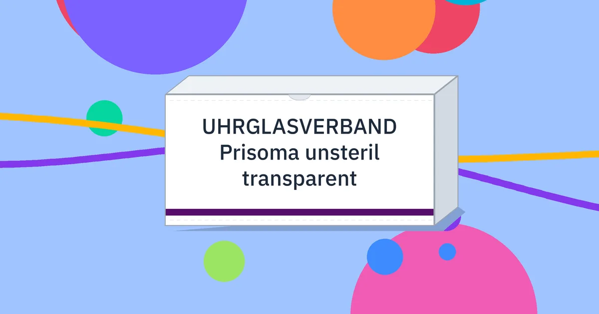 Symbolbild: Packung mit der Aufschrift UHRGLASVERBAND Prisoma unsteril transparent (PZN 20349041) – Verfügbarkeit und Bezug in Apotheken in Frankfurt am Main