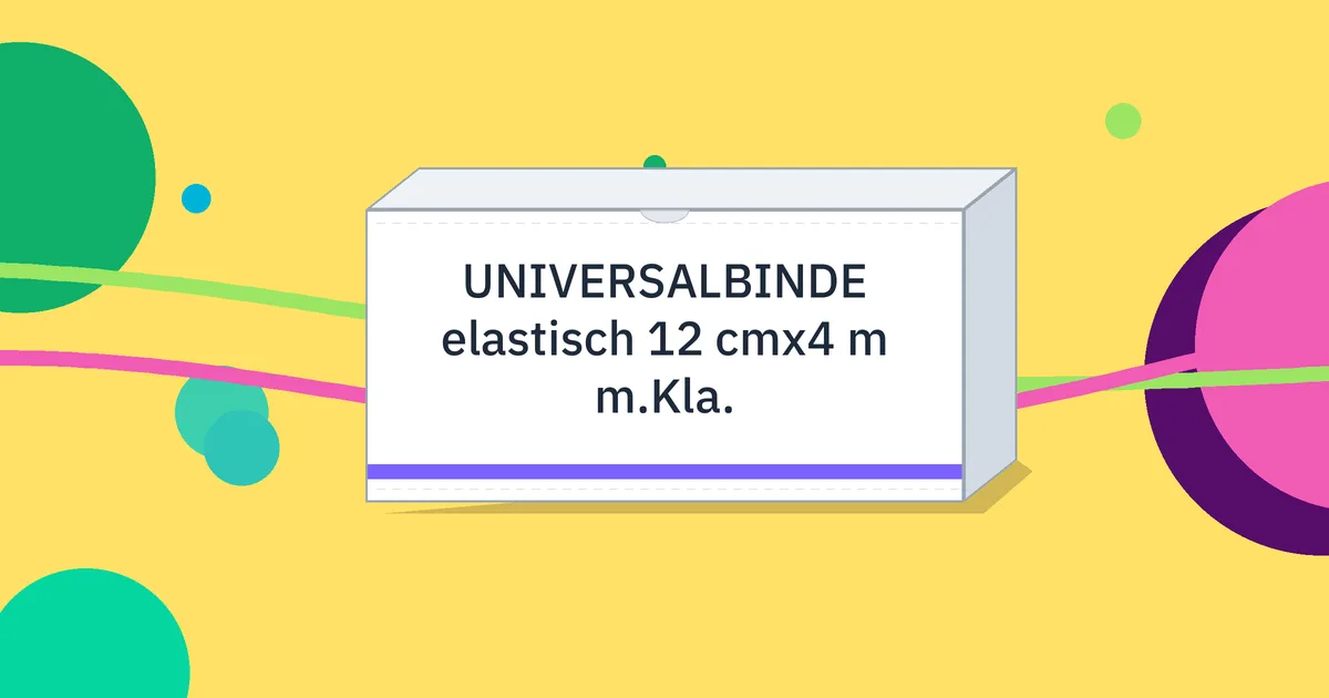 Symbolbild: Packung mit der Aufschrift UNIVERSALBINDE elastisch 12 cmx4 m m.Kla. (PZN 06932012) – Verfügbarkeit und Bezug in Apotheken in Frankfurt am Main