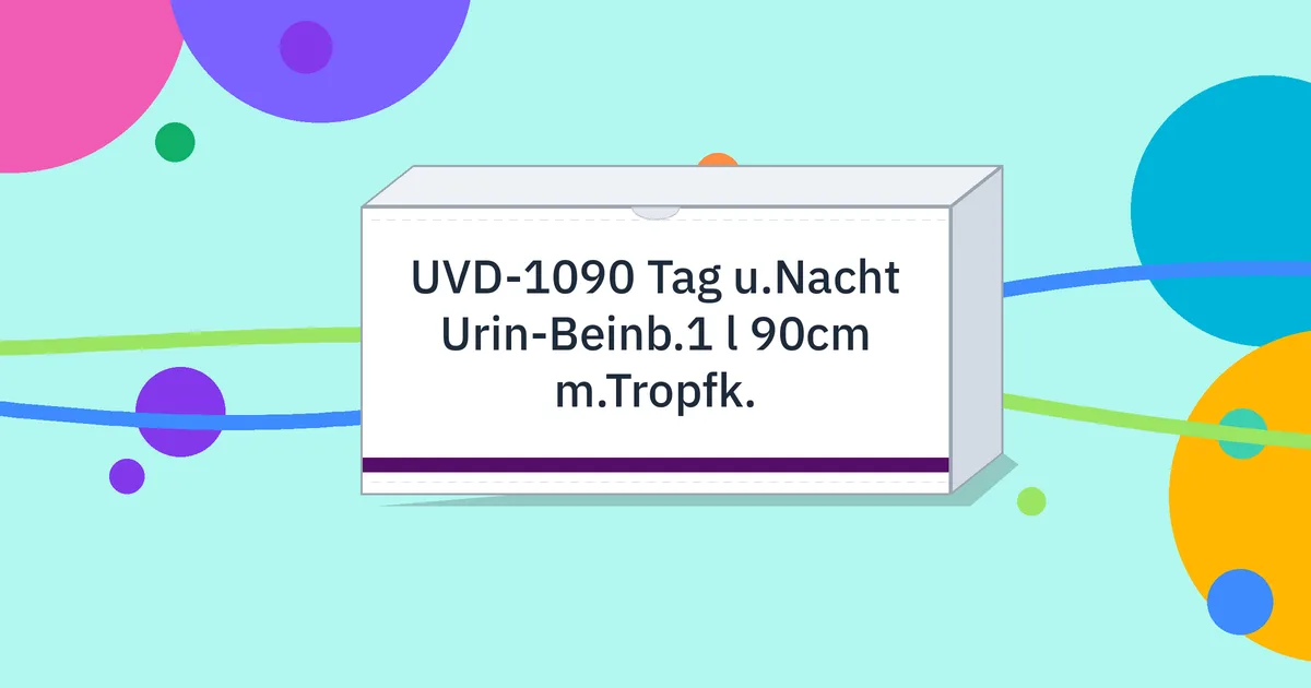 Symbolbild: Packung mit der Aufschrift UVD-1090 Tag u.Nacht Urin-Beinb.1 l 90cm m.Tropfk. (PZN 14267250) – Verfügbarkeit und Bezug in Apotheken in Frankfurt am Main