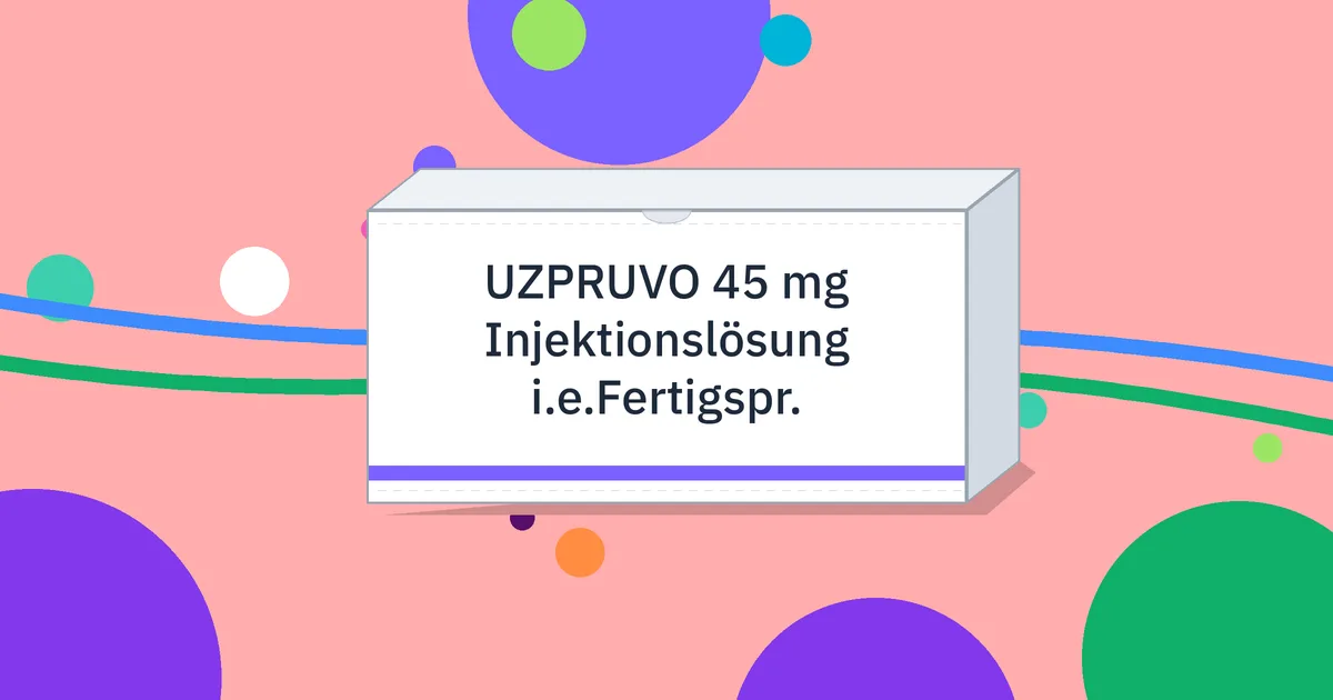 Symbolbild: Packung mit der Aufschrift UZPRUVO 45 mg Injektionslösung i.e.Fertigspr. (PZN 19889217) – Verfügbarkeit und Bezug in Apotheken in Frankfurt am Main