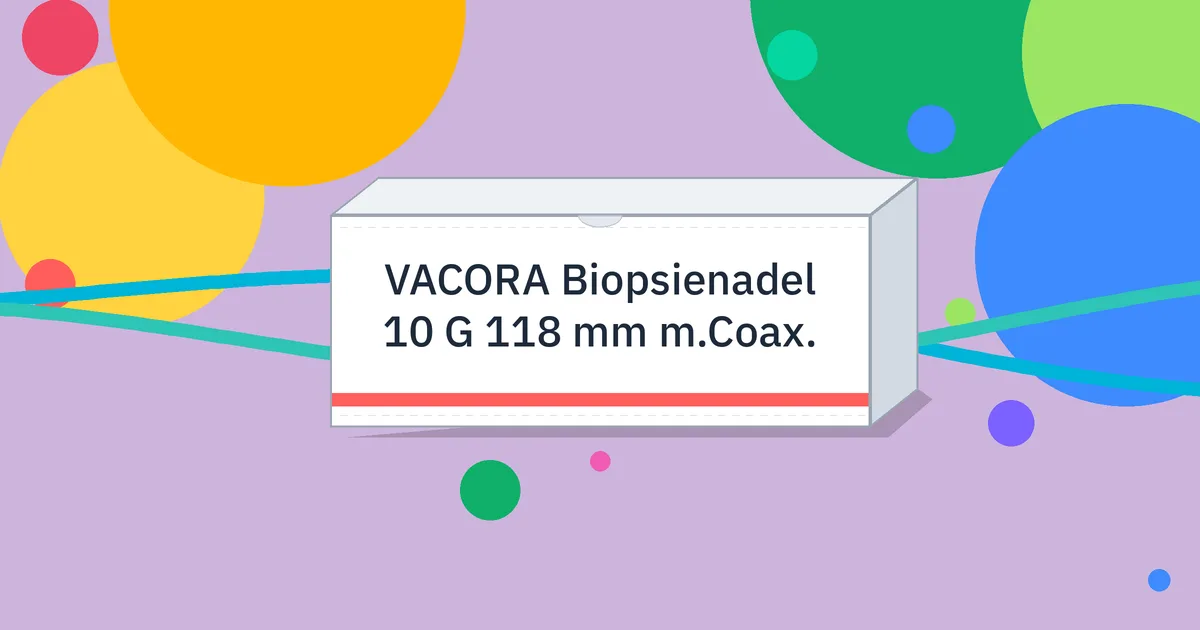 Symbolbild: Packung mit der Aufschrift VACORA Biopsienadel 10 G 118 mm m.Coax. (PZN 03627633) – Verfügbarkeit und Bezug in Apotheken in Frankfurt am Main