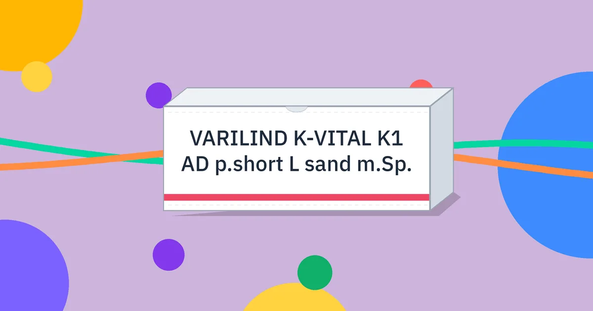 Symbolbild: Packung mit der Aufschrift VARILIND K-VITAL K1 AD p.short L sand m.Sp. (PZN 20565939) – Verfügbarkeit und Bezug in Apotheken in Frankfurt am Main