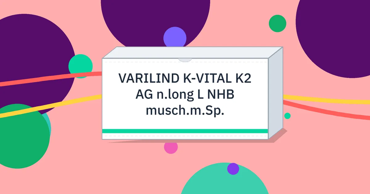 Symbolbild: Packung mit der Aufschrift VARILIND K-VITAL K2 AG n.long L NHB musch.m.Sp. (PZN 20565454) – Verfügbarkeit und Bezug in Apotheken in Frankfurt am Main