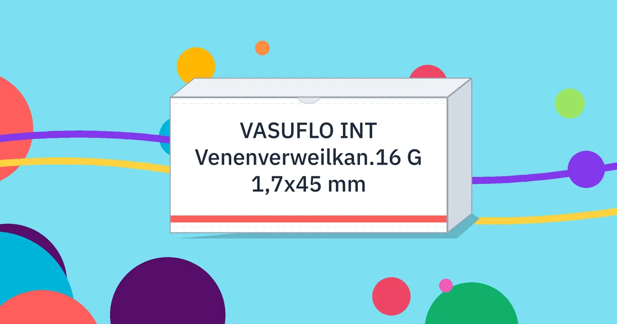 Symbolbild: Packung mit der Aufschrift VASUFLO INT Venenverweilkan.16 G 1,7x45 mm (PZN 03534558) – Verfügbarkeit und Bezug in Apotheken in Frankfurt am Main