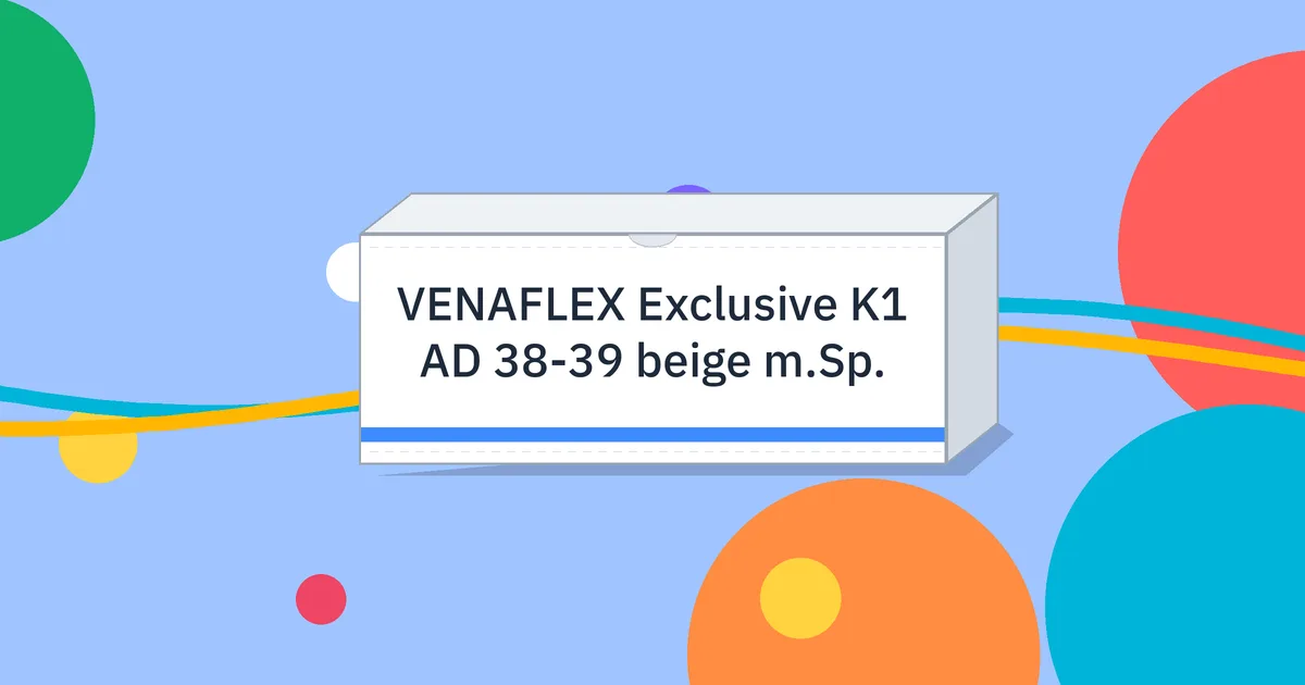 Symbolbild: Packung mit der Aufschrift VENAFLEX Exclusive K1 AD 38-39 beige m.Sp. (PZN 18309229) – Verfügbarkeit und Bezug in Apotheken in Frankfurt am Main