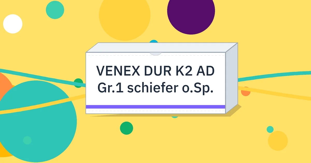 Symbolbild: Packung mit der Aufschrift VENEX DUR K2 AD Gr.1 schiefer o.Sp. (PZN 03211909) – Verfügbarkeit und Bezug in Apotheken in Frankfurt am Main