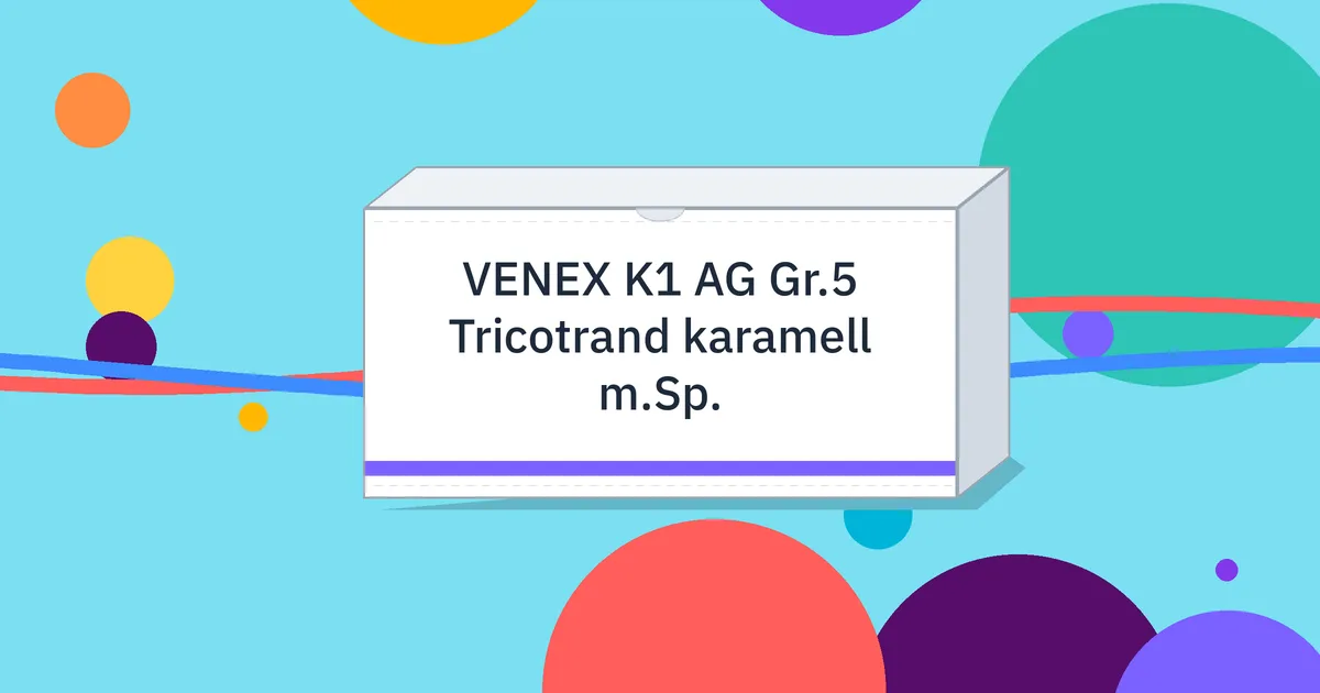 Symbolbild: Packung mit der Aufschrift VENEX K1 AG Gr.5 Tricotrand karamell m.Sp. (PZN 13762651) – Verfügbarkeit und Bezug in Apotheken in Frankfurt am Main