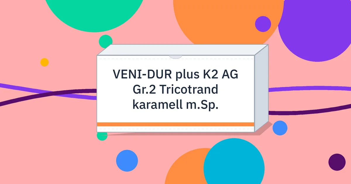 Symbolbild: Packung mit der Aufschrift VENI-DUR plus K2 AG Gr.2 Tricotrand karamell m.Sp. (PZN 13762533) – Verfügbarkeit und Bezug in Apotheken in Frankfurt am Main