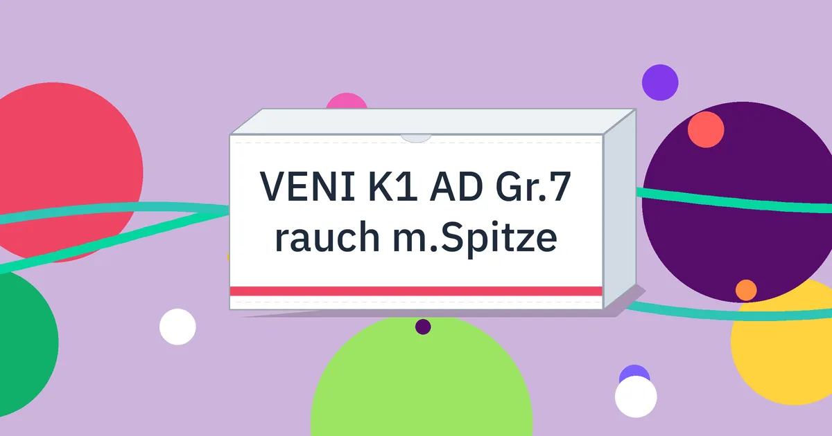 Symbolbild: Packung mit der Aufschrift VENI K1 AD Gr.7 rauch m.Spitze (PZN 00597297) – Verfügbarkeit und Bezug in Apotheken in Frankfurt am Main