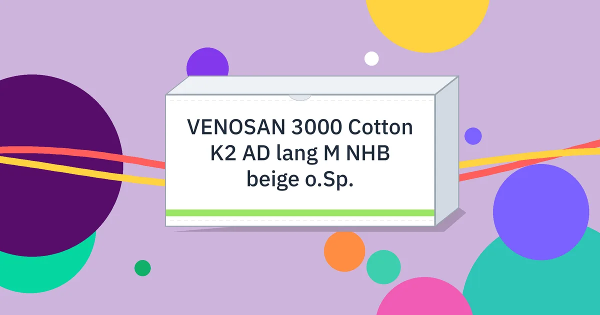 Symbolbild: Packung mit der Aufschrift VENOSAN 3000 Cotton K2 AD lang M NHB beige o.Sp. (PZN 14421314) – Verfügbarkeit und Bezug in Apotheken in Frankfurt am Main