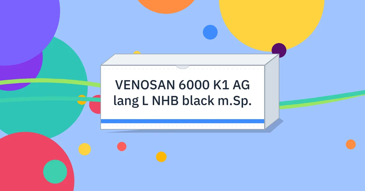 Symbolbild: Packung mit der Aufschrift VENOSAN 6000 K1 AG lang L NHB black m.Sp. (PZN 17171817) – Verfügbarkeit und Bezug in Apotheken in Frankfurt am Main