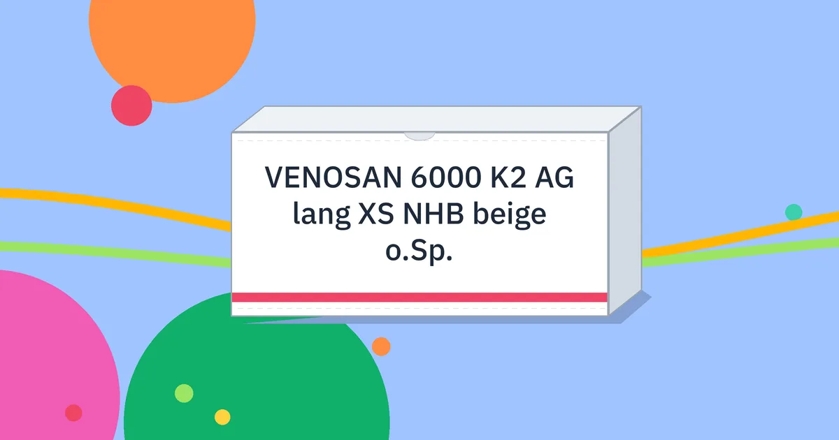 Symbolbild: Packung mit der Aufschrift VENOSAN 6000 K2 AG lang XS NHB beige o.Sp. (PZN 17172610) – Verfügbarkeit und Bezug in Apotheken in Frankfurt am Main