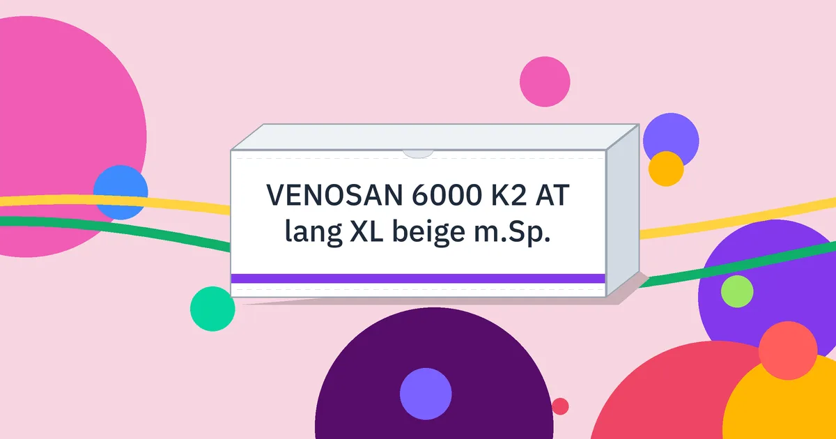 Symbolbild: Packung mit der Aufschrift VENOSAN 6000 K2 AT lang XL beige m.Sp. (PZN 17173176) – Verfügbarkeit und Bezug in Apotheken in Frankfurt am Main