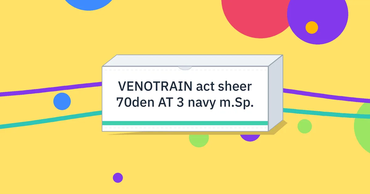 Symbolbild: Packung mit der Aufschrift VENOTRAIN act sheer 70den AT 3 navy m.Sp. (PZN 16206732) – Verfügbarkeit und Bezug in Apotheken in Frankfurt am Main