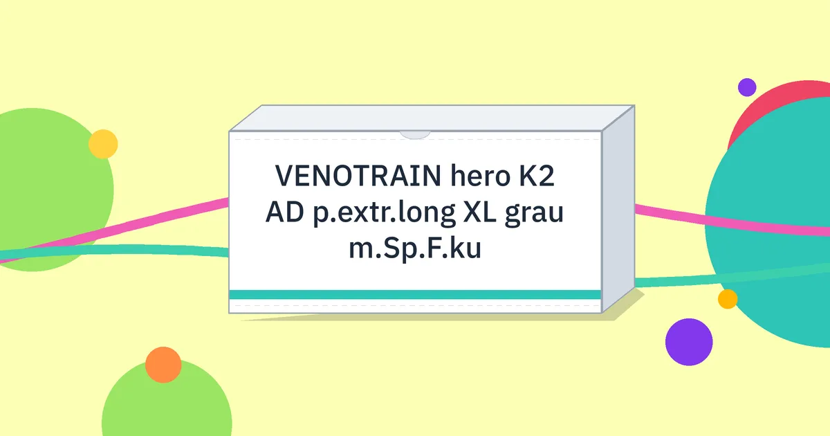 Symbolbild: Packung mit der Aufschrift VENOTRAIN hero K2 AD p.extr.long XL grau m.Sp.F.ku (PZN 19190405) – Verfügbarkeit und Bezug in Apotheken in Frankfurt am Main