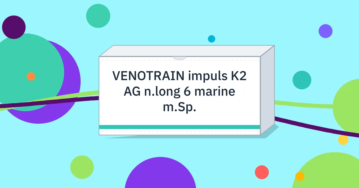 Symbolbild: Packung mit der Aufschrift VENOTRAIN impuls K2 AG n.long 6 marine m.Sp. (PZN 15211777) – Verfügbarkeit und Bezug in Apotheken in Frankfurt am Main