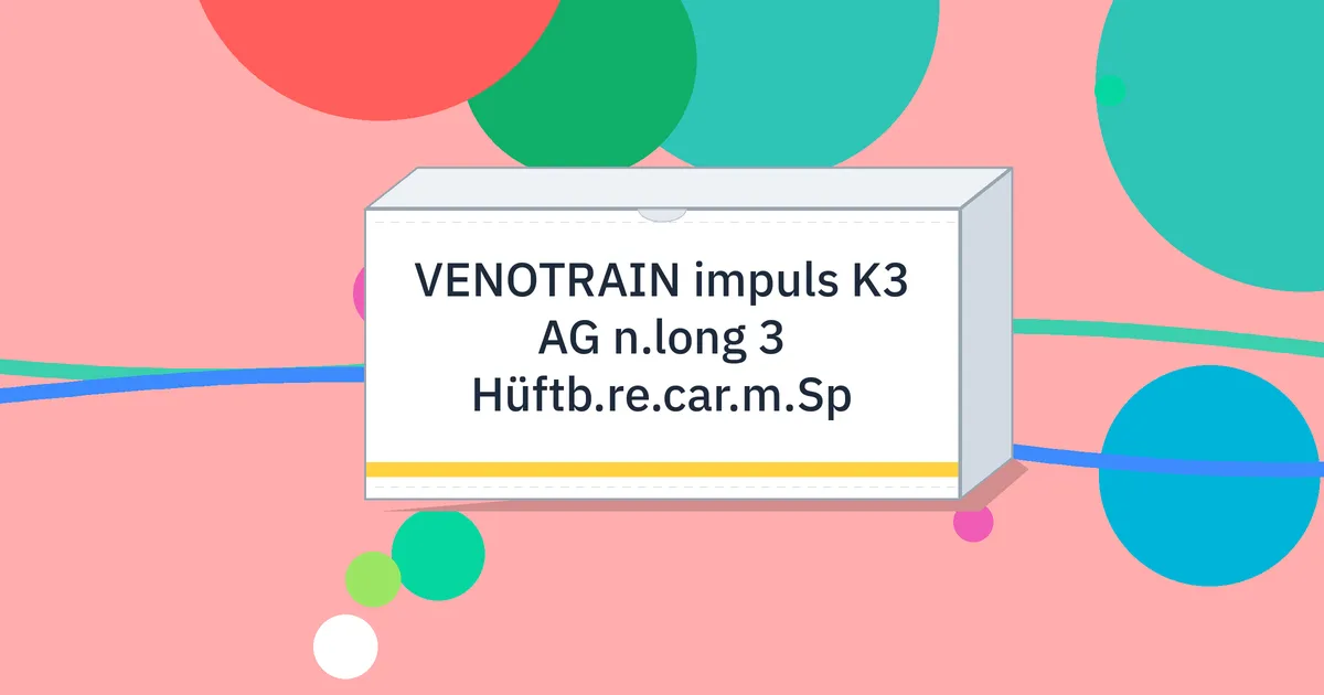 Symbolbild: Packung mit der Aufschrift VENOTRAIN impuls K3 AG n.long 3 Hüftb.re.car.m.Sp (PZN 10293598) – Verfügbarkeit und Bezug in Apotheken in Frankfurt am Main