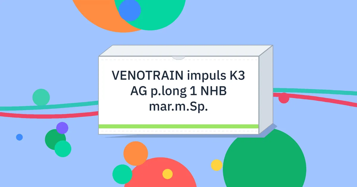 Symbolbild: Packung mit der Aufschrift VENOTRAIN impuls K3 AG p.long 1 NHB mar.m.Sp. (PZN 15215427) – Verfügbarkeit und Bezug in Apotheken in Frankfurt am Main