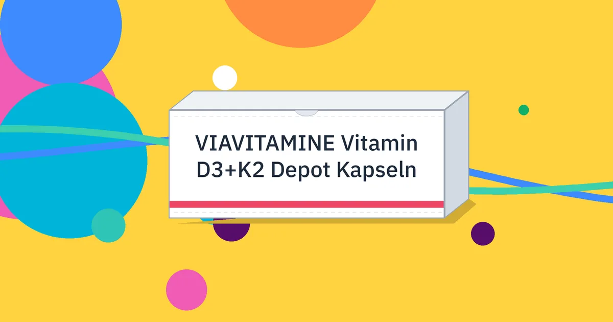 Symbolbild: Packung mit der Aufschrift VIAVITAMINE Vitamin D3+K2 Depot Kapseln (PZN 17638511) – Verfügbarkeit und Bezug in Apotheken in Frankfurt am Main