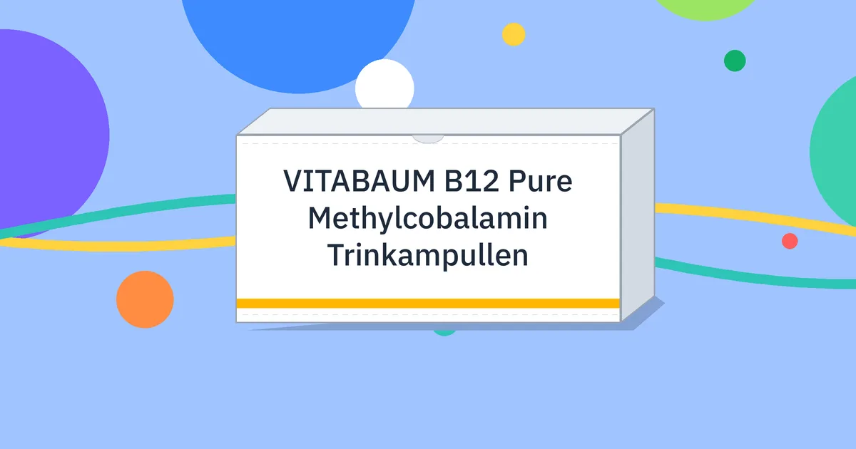 Symbolbild: Packung mit der Aufschrift VITABAUM B12 Pure Methylcobalamin Trinkampullen (PZN 16779103) – Verfügbarkeit und Bezug in Apotheken in Frankfurt am Main