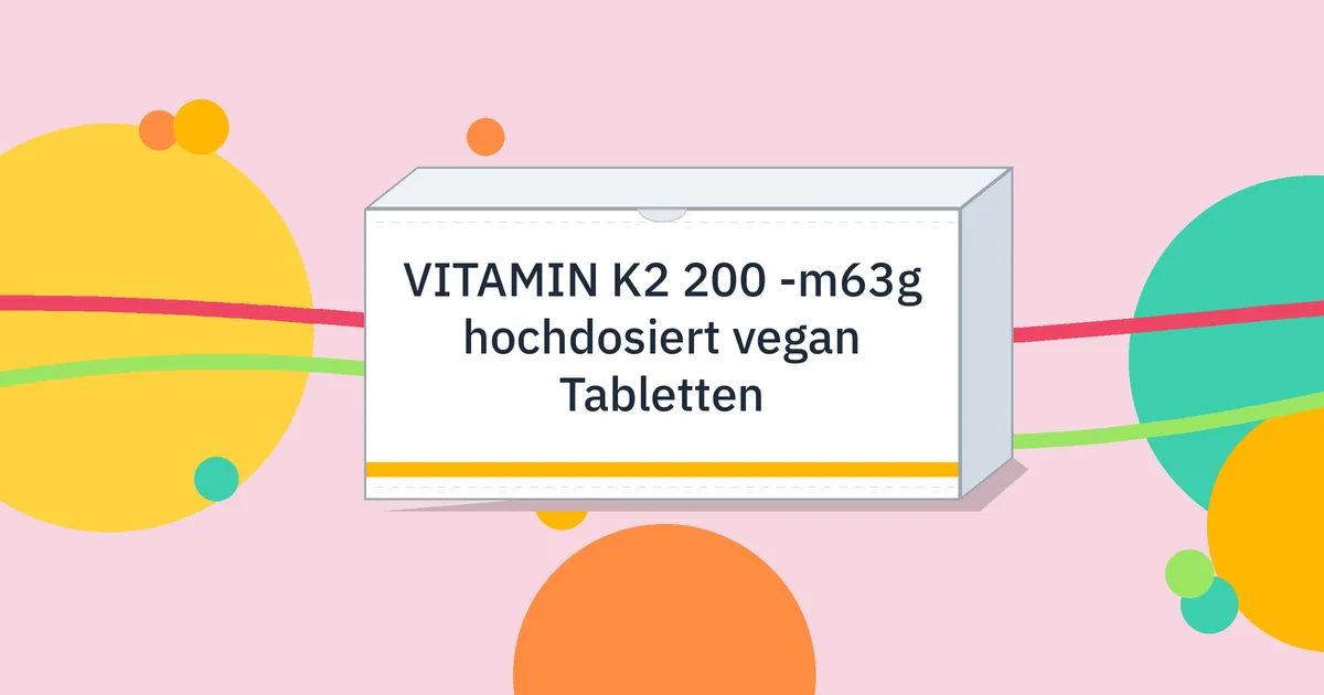 Symbolbild: Packung mit der Aufschrift VITAMIN K2 200 -m63g hochdosiert vegan Tabletten (PZN 12741457) – Verfügbarkeit und Bezug in Apotheken in Frankfurt am Main
