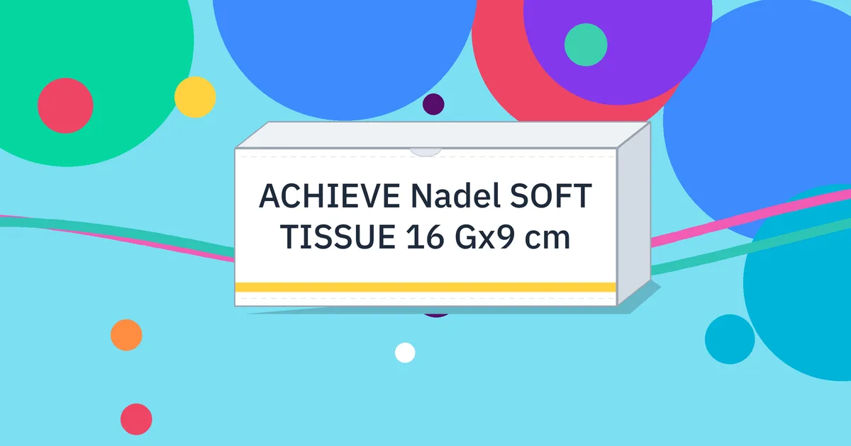 Symbolbild: Packung mit der Aufschrift ACHIEVE Nadel SOFT TISSUE 16 Gx9 cm (PZN 18763460) – Verfügbarkeit und Bezug in Apotheken in Frankfurt am Main