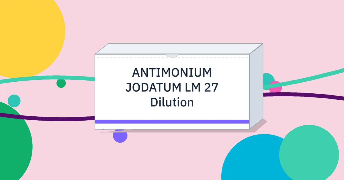 Symbolbild: Packung mit der Aufschrift ANTIMONIUM JODATUM LM 27 Dilution (PZN 12764406) – Verfügbarkeit und Bezug in Apotheken in Frankfurt am Main