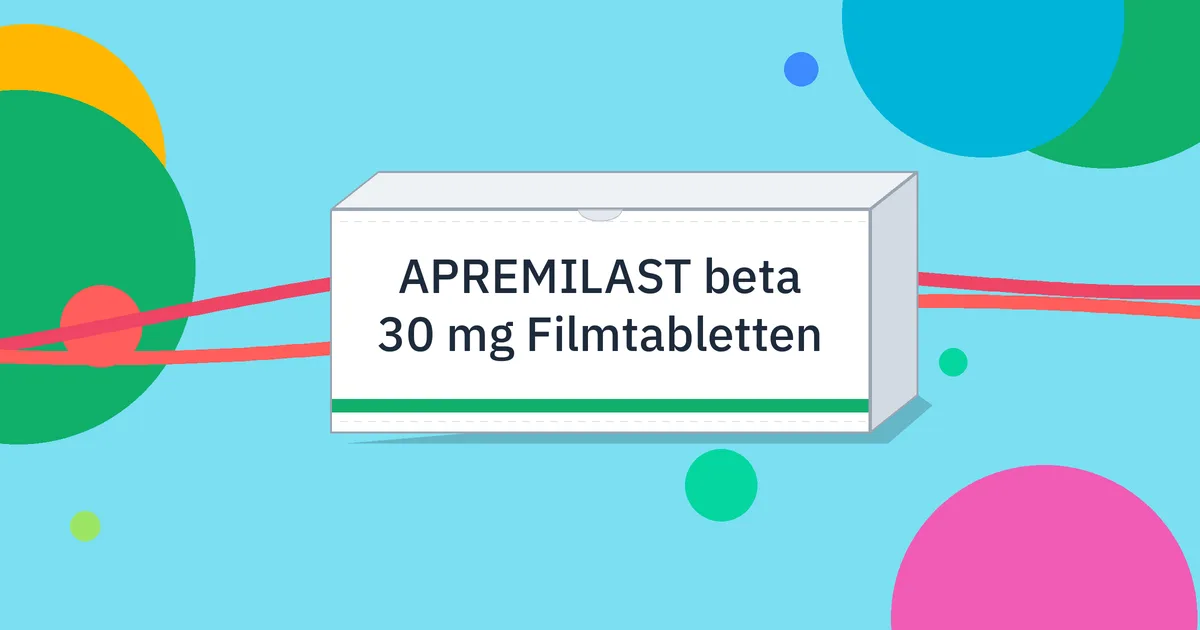 Symbolbild: Packung mit der Aufschrift APREMILAST beta 30 mg Filmtabletten (PZN 20092205) – Verfügbarkeit und Bezug in Apotheken in Frankfurt am Main