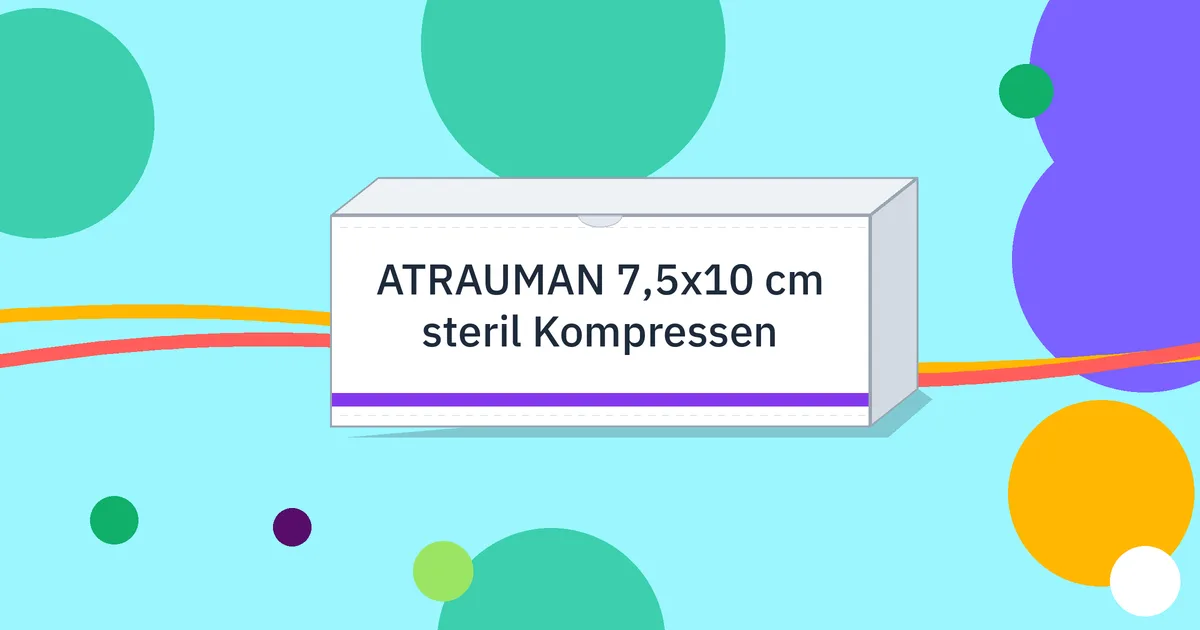 Symbolbild: Packung mit der Aufschrift ATRAUMAN 7,5x10 cm steril Kompressen (PZN 19068242) – Verfügbarkeit und Bezug in Apotheken in Frankfurt am Main