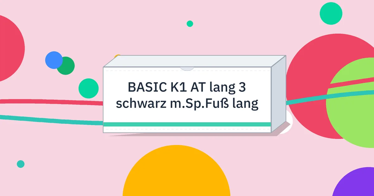 Symbolbild: Packung mit der Aufschrift BASIC K1 AT lang 3 schwarz m.Sp.Fuß lang (PZN 20262529) – Verfügbarkeit und Bezug in Apotheken in Frankfurt am Main