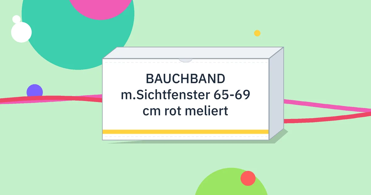 Symbolbild: Packung mit der Aufschrift BAUCHBAND m.Sichtfenster 65-69 cm rot meliert (PZN 13917154) – Verfügbarkeit und Bezug in Apotheken in Frankfurt am Main