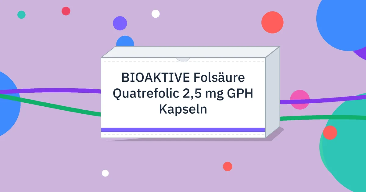 Symbolbild: Packung mit der Aufschrift BIOAKTIVE Folsäure Quatrefolic 2,5 mg GPH Kapseln (PZN 18310534) – Verfügbarkeit und Bezug in Apotheken in Frankfurt am Main