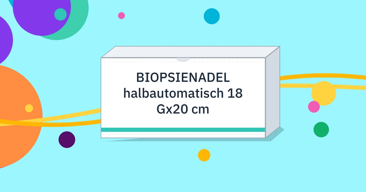 Symbolbild: Packung mit der Aufschrift BIOPSIENADEL halbautomatisch 18 Gx20 cm (PZN 18811934) – Verfügbarkeit und Bezug in Apotheken in Frankfurt am Main