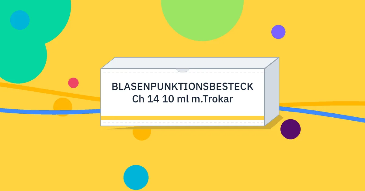 Symbolbild: Packung mit der Aufschrift BLASENPUNKTIONSBESTECK Ch 14 10 ml m.Trokar (PZN 12567077) – Verfügbarkeit und Bezug in Apotheken in Frankfurt am Main