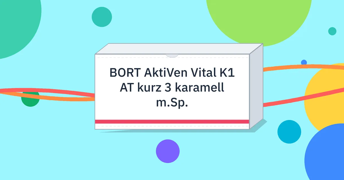Symbolbild: Packung mit der Aufschrift BORT AktiVen Vital K1 AT kurz 3 karamell m.Sp. (PZN 13737162) – Verfügbarkeit und Bezug in Apotheken in Frankfurt am Main