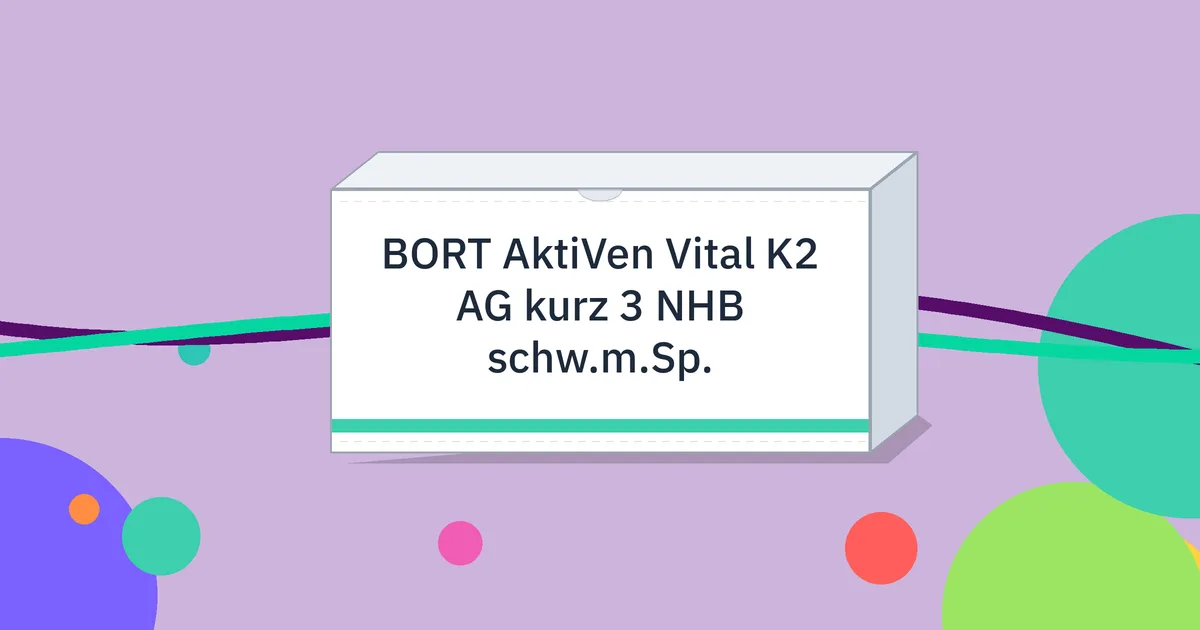 Symbolbild: Packung mit der Aufschrift BORT AktiVen Vital K2 AG kurz 3 NHB schw.m.Sp. (PZN 12385086) – Verfügbarkeit und Bezug in Apotheken in Frankfurt am Main