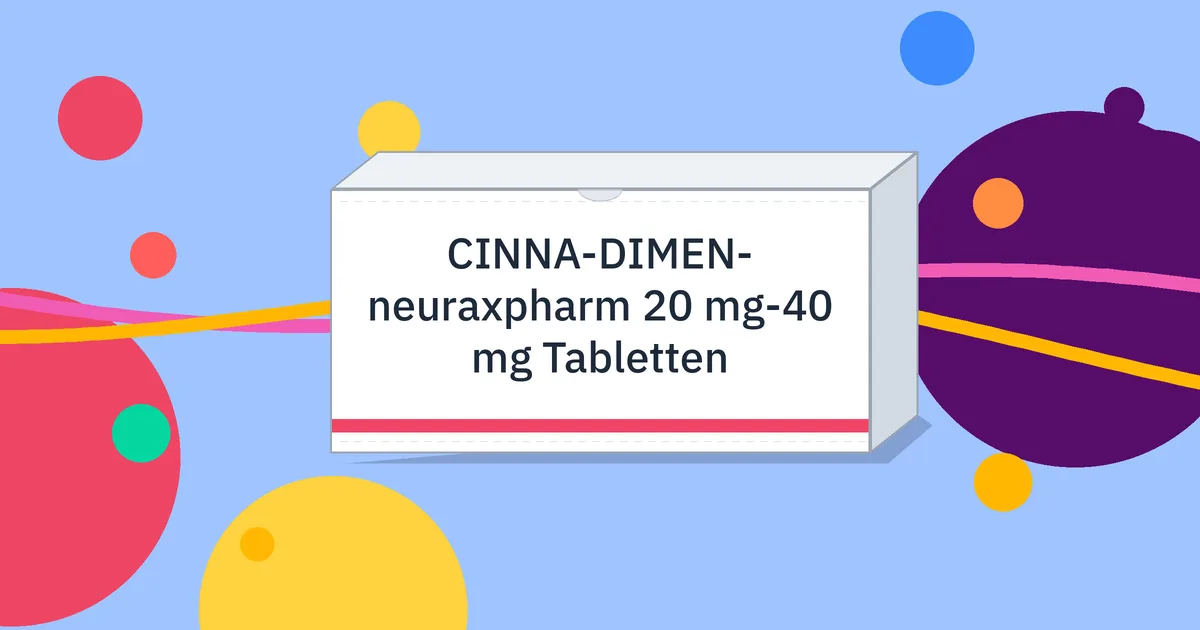 Symbolbild: Packung mit der Aufschrift CINNA-DIMEN-neuraxpharm 20 mg-40 mg Tabletten (PZN 11769689) – Verfügbarkeit und Bezug in Apotheken in Frankfurt am Main