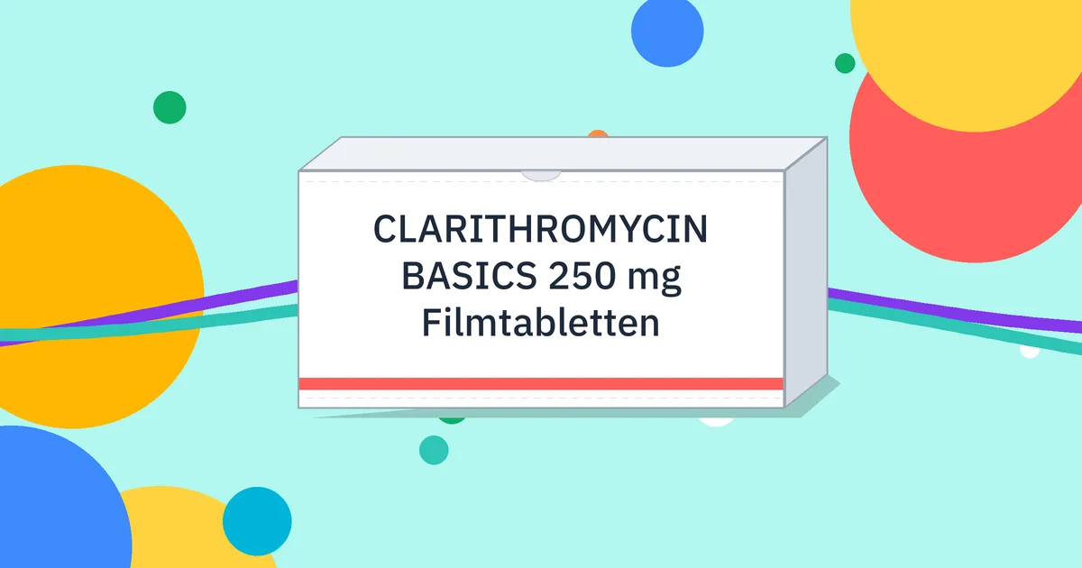 Symbolbild: Packung mit der Aufschrift CLARITHROMYCIN BASICS 250 mg Filmtabletten (PZN 03648173) – Verfügbarkeit und Bezug in Apotheken in Frankfurt am Main