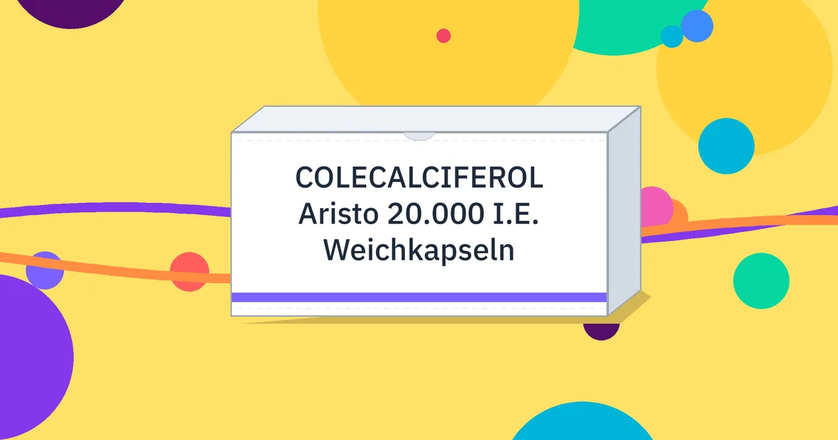 Symbolbild: Packung mit der Aufschrift COLECALCIFEROL Aristo 20.000 I.E. Weichkapseln (PZN 13980402) – Verfügbarkeit und Bezug in Apotheken in Frankfurt am Main
