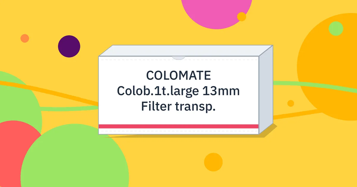 Symbolbild: Packung mit der Aufschrift COLOMATE Colob.1t.large 13mm Filter transp. (PZN 03740192) – Verfügbarkeit und Bezug in Apotheken in Frankfurt am Main