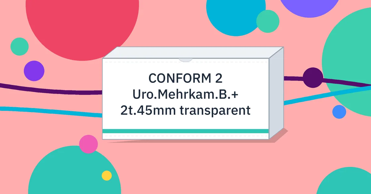 Symbolbild: Packung mit der Aufschrift CONFORM 2 Uro.Mehrkam.B.+ 2t.45mm transparent (PZN 10812621) – Verfügbarkeit und Bezug in Apotheken in Frankfurt am Main